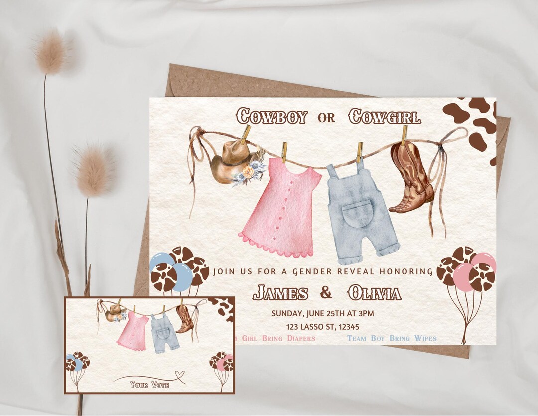 Personalized Cowboy or Cowgirls Gender Reveal Invitation and Voting ...