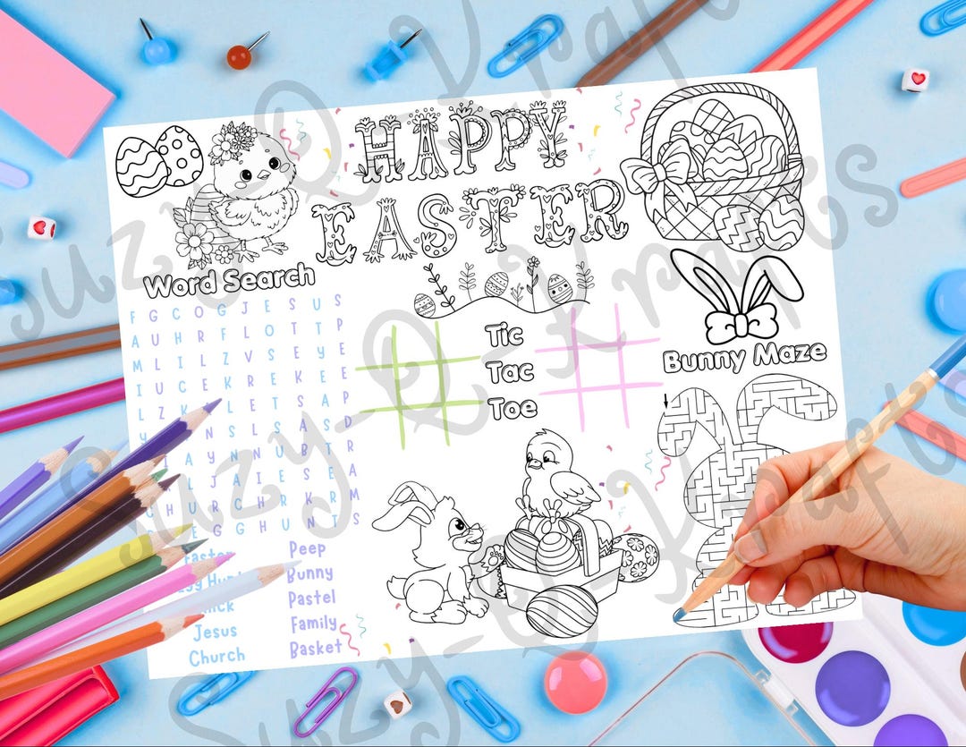 Printable Easter Coloring Activity Sheet, Kids Bunny Placemat Craft ...