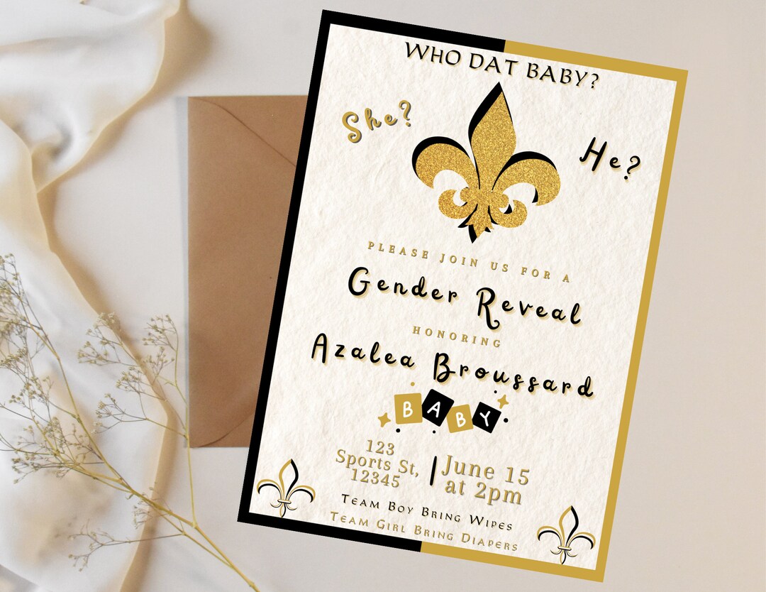 Personalized Who Dat Baby Gender Reveal Invite , Black and Gold Boy or ...