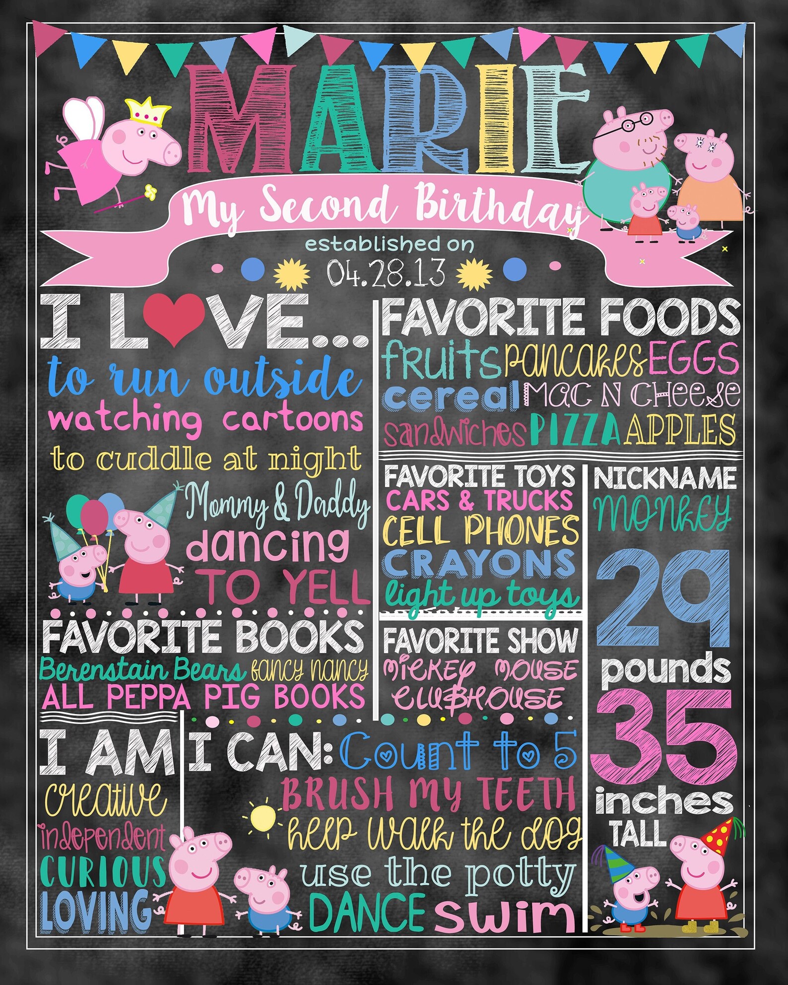Peppa Pig Birthday Stat "chalkboard"(digital Poster) THREE Options/ ANY ...