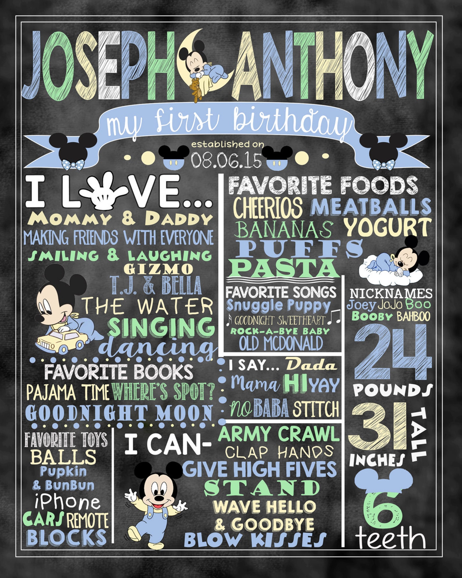 Baby Mickey Mouse Birthday Stat "chalkboard"(digital Poster) ANY COLORS ...