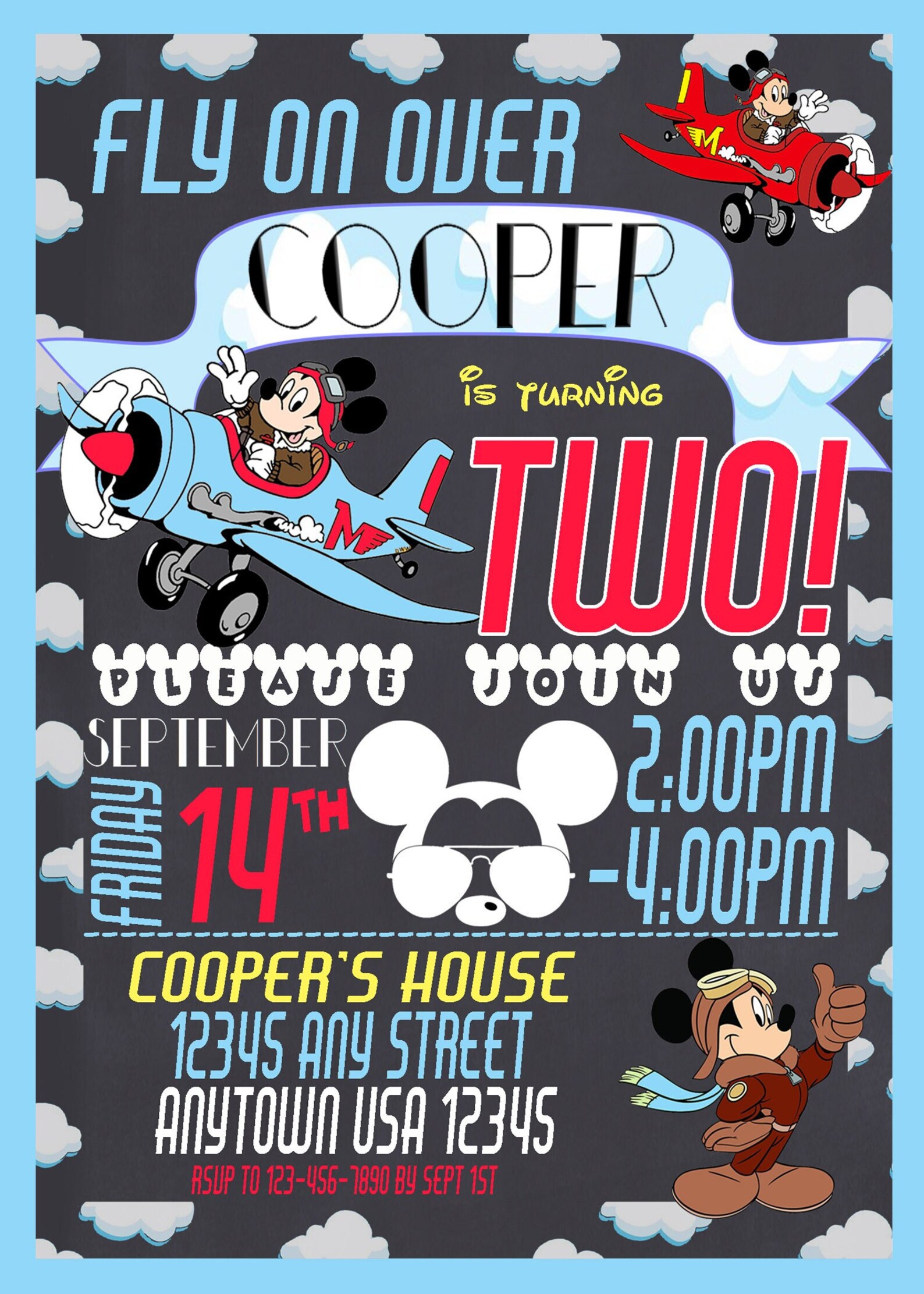Aviator Mickey Birthday Invitation digital File - Etsy