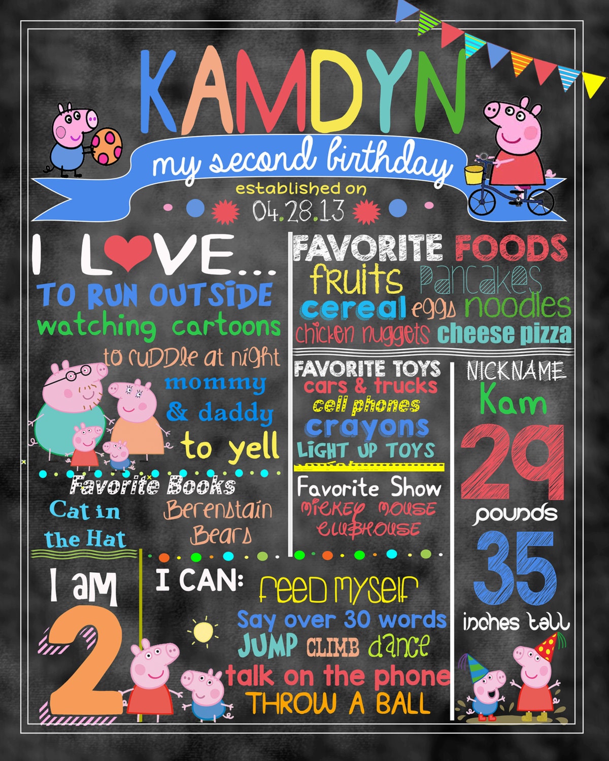 Peppa Pig Birthday Stat "chalkboard"(digital Poster) THREE Options/ ANY ...