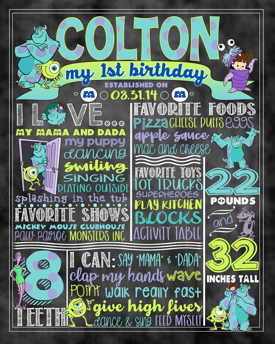 Monsters Inc. Birthday Stat "chalkboard"(digital Poster) - Etsy