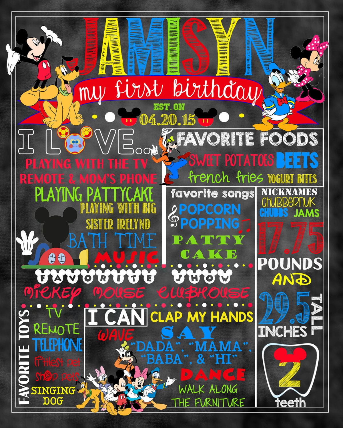 Mickey Mouse Clubhouse Birthday Stat Chalkboard | Etsy