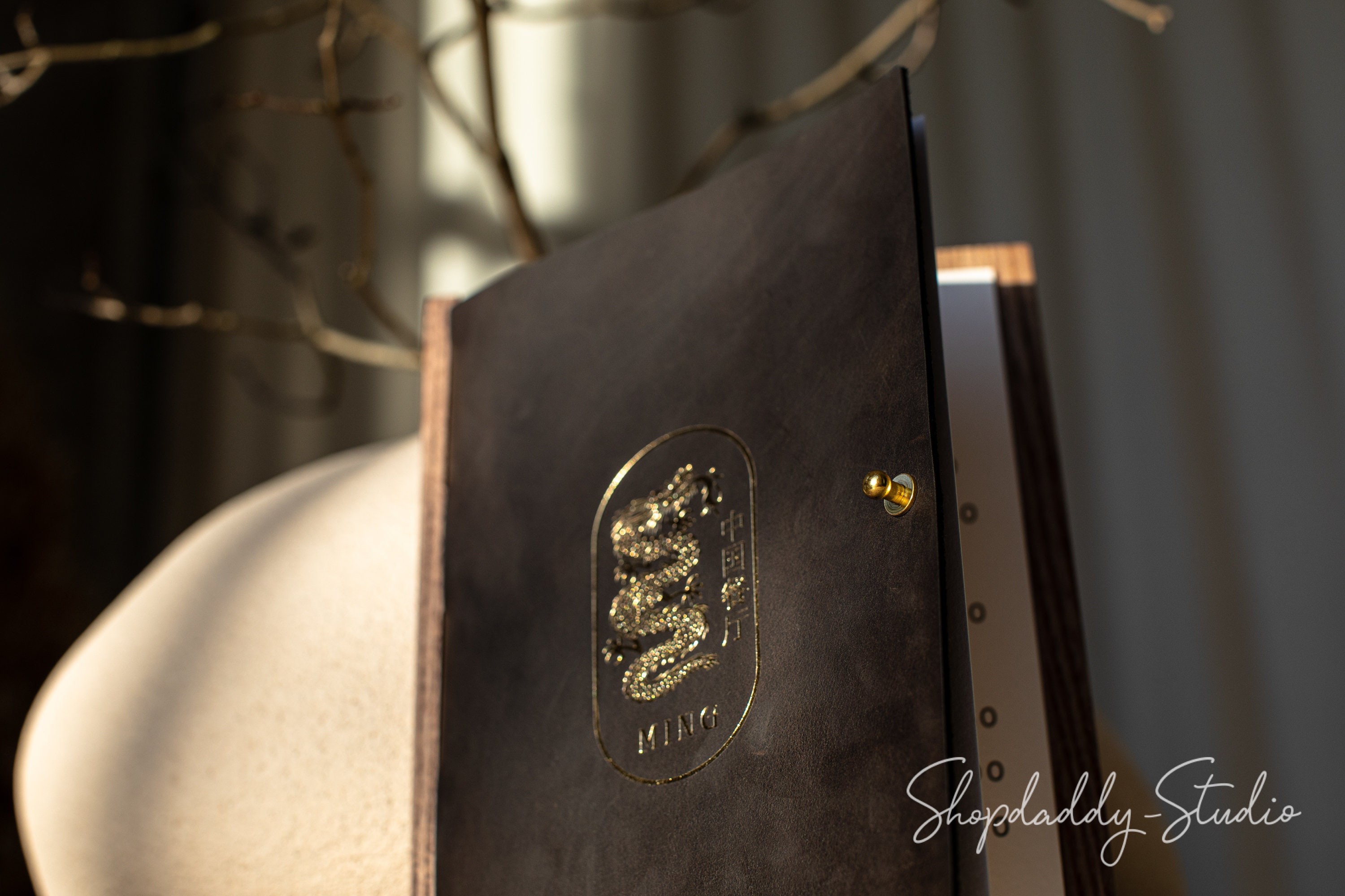 Customizable Wood & Leather Menu Holder With Gold Handle - Etsy