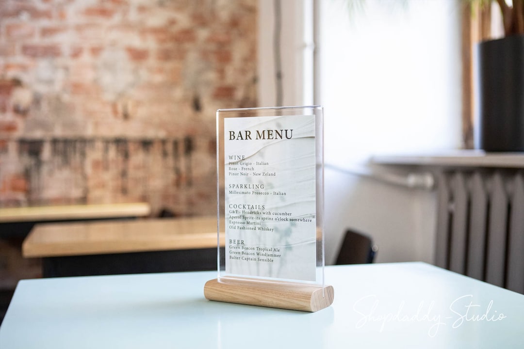 Acrylic Menu Sign Holder With Ashwood Base: Custom Table Tent - Etsy