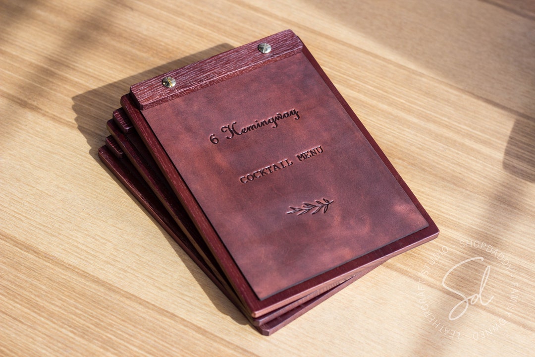 Personalized Wood Menu Holder With Leather Cover for Restaurant, Cafe ...