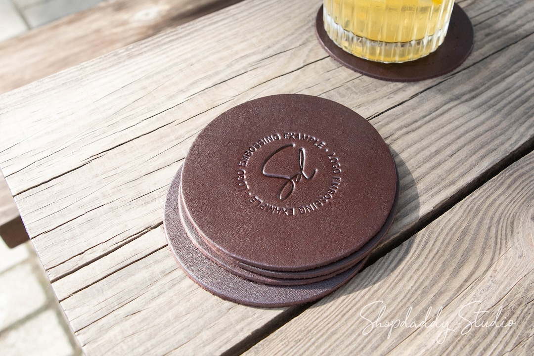 Custom Set of 5 Beverage Coasters With Logo Debossed Option, Leather ...