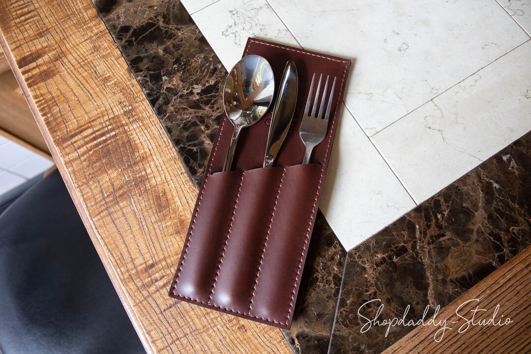 Leather Cutlery Pouch, Personalized Cutlery Holder, Cafe Bar Restaurant ...