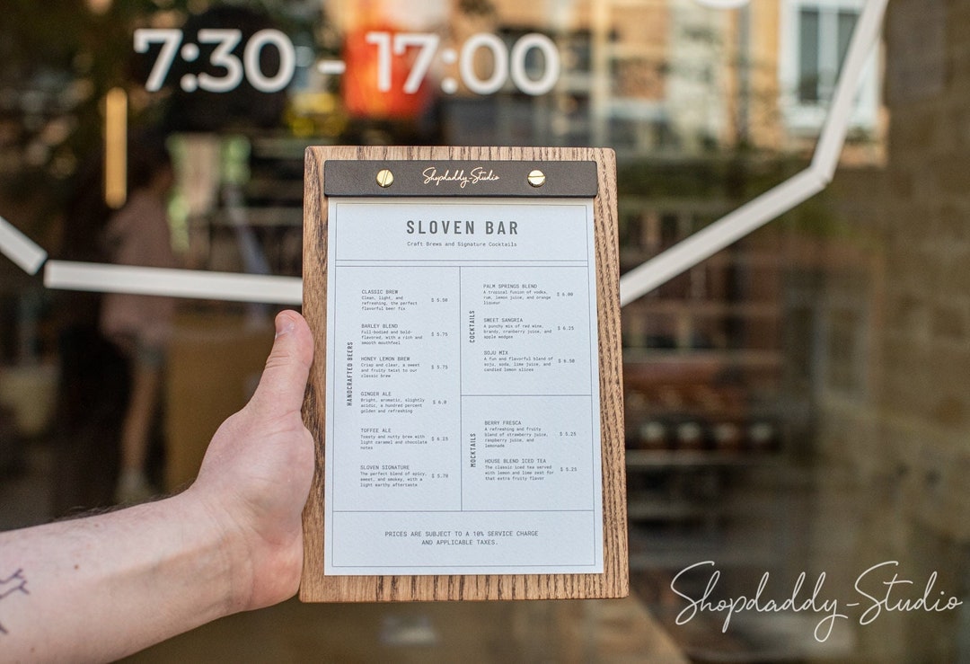 Wooden Menu Board: Custom Menu Holder With Engraved Logo and Leather ...