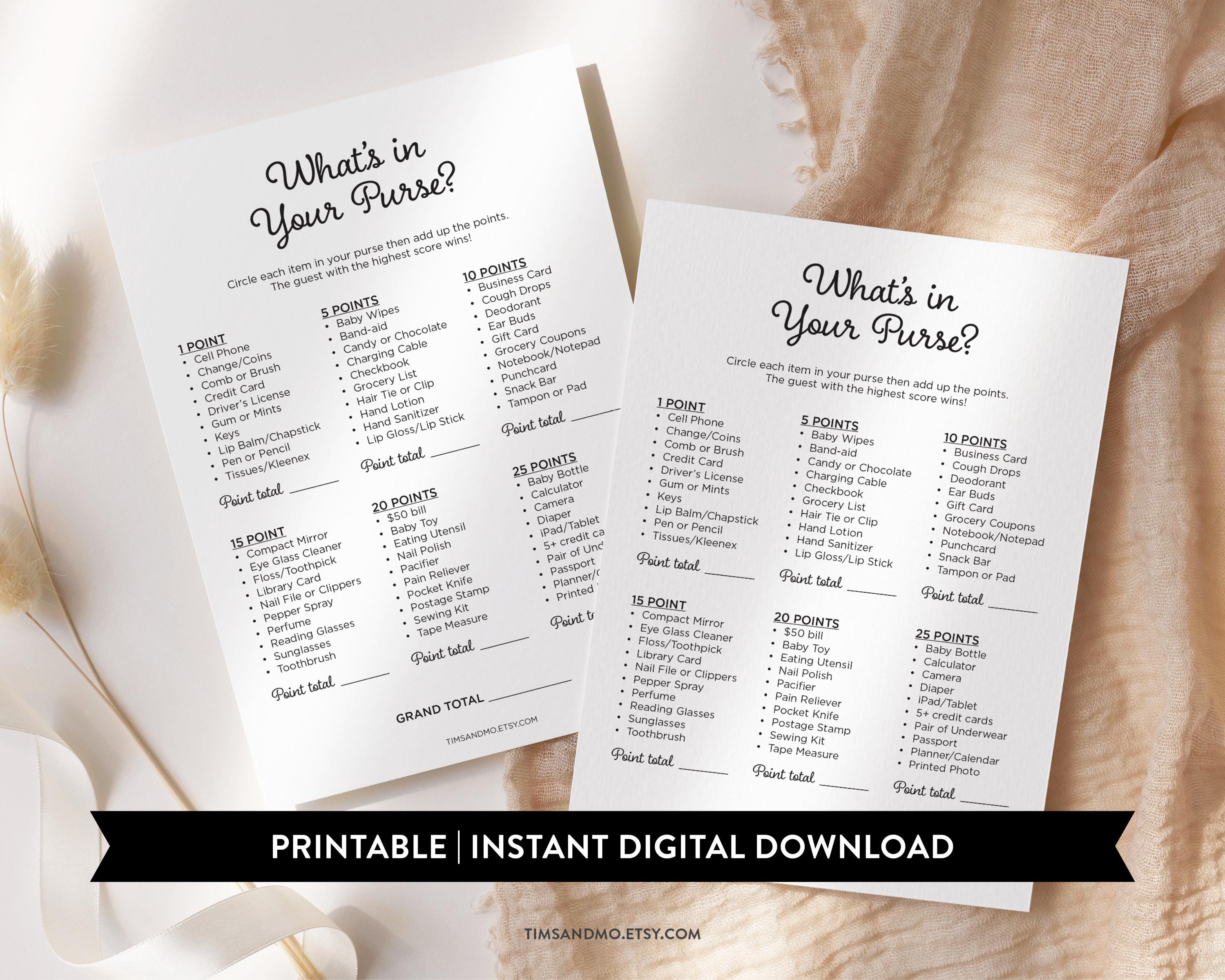 What's in Your Purse Game, Baby Shower Purse Game, Bridal Shower Purse ...