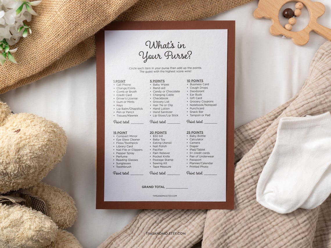 What's in Your Purse Game, Baby Shower Purse Game, Bridal Shower Purse ...