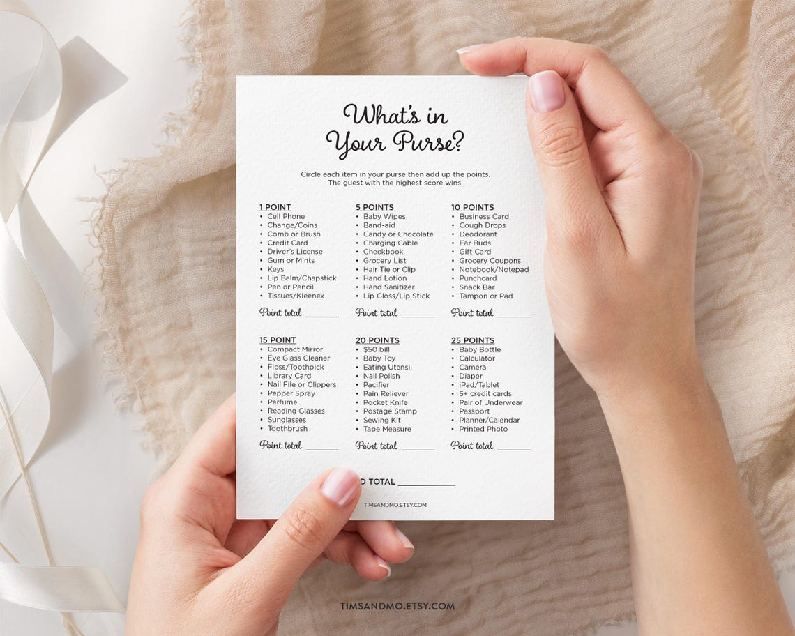 What's in Your Purse Game, Baby Shower Purse Game, Bridal Shower Purse ...