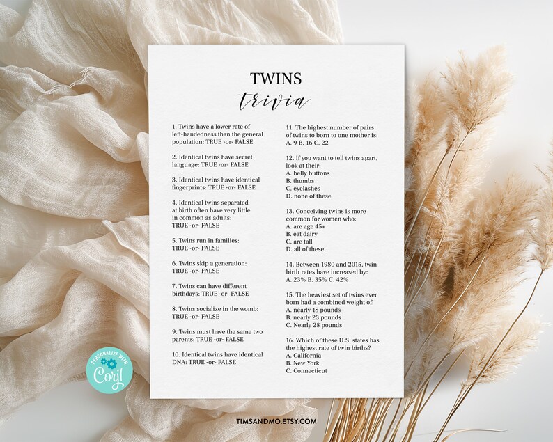 Twin Trivia Baby Shower Game, Twins True or False, Minimalist Baby ...