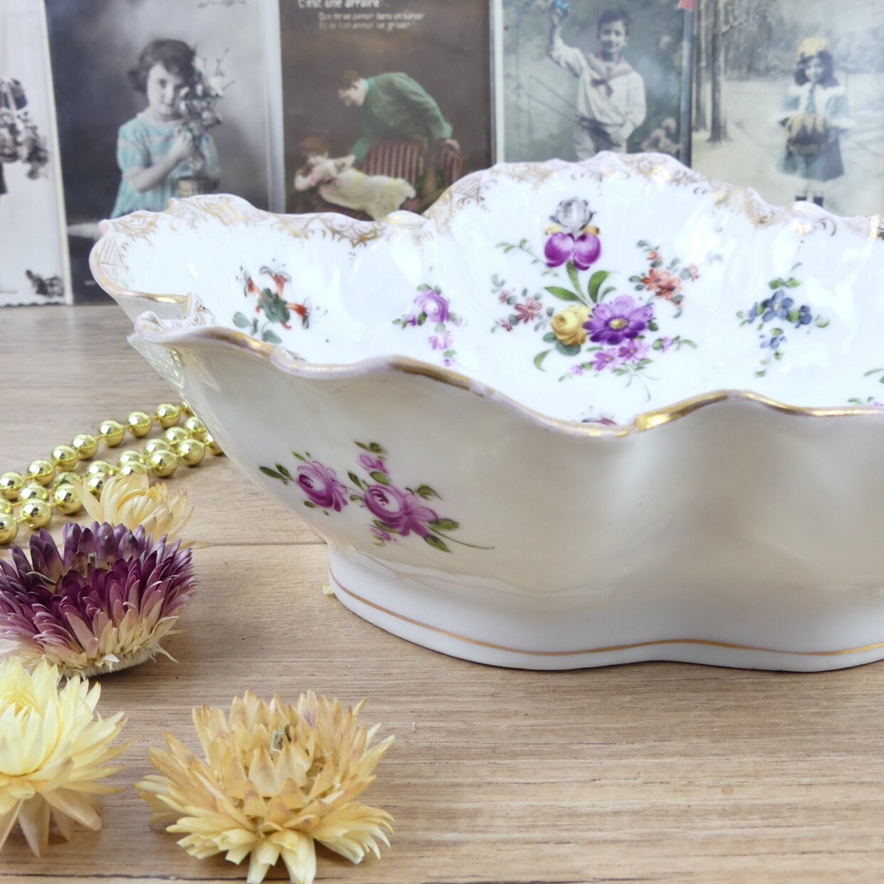 Large porcelain bowl decorated with flowers, large luxurious porcelain bowl