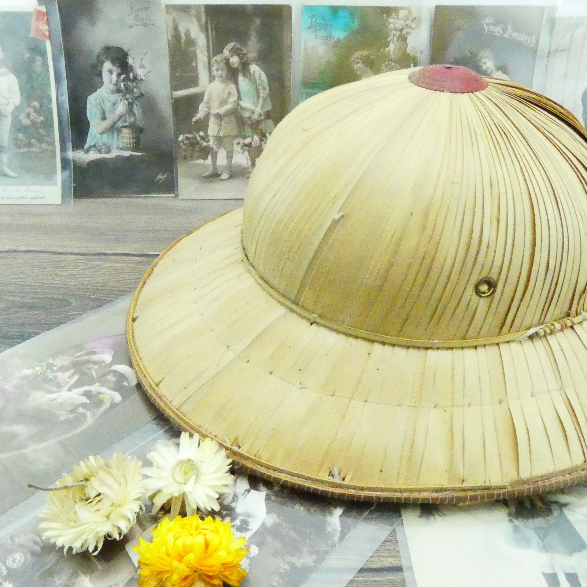 Colonial Hat big hat old bamboo, colonial cottage French country French