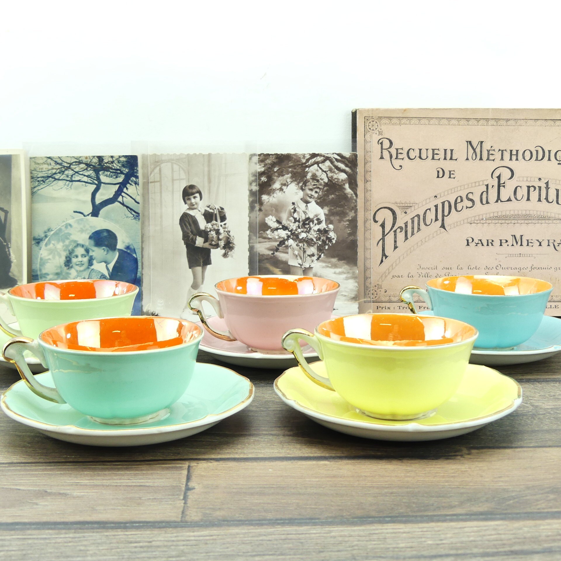 Colorful French coffee cups 1950 Trianon-old French mugs Shabby Chic ...