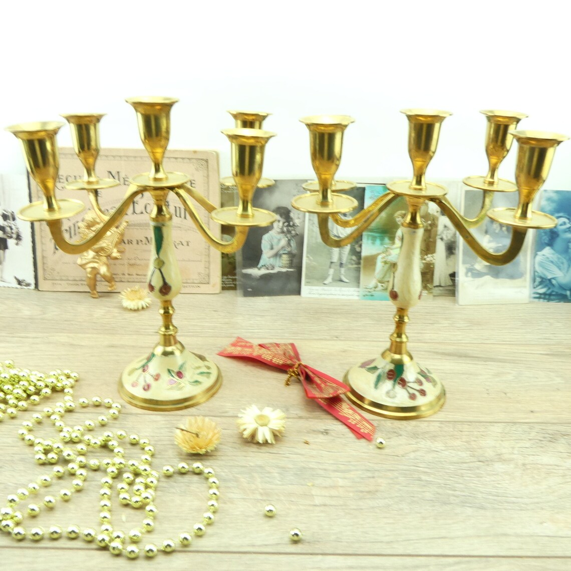 Pair of Old Gilded Brass Candlesticks With Colored Enameling, Old ...