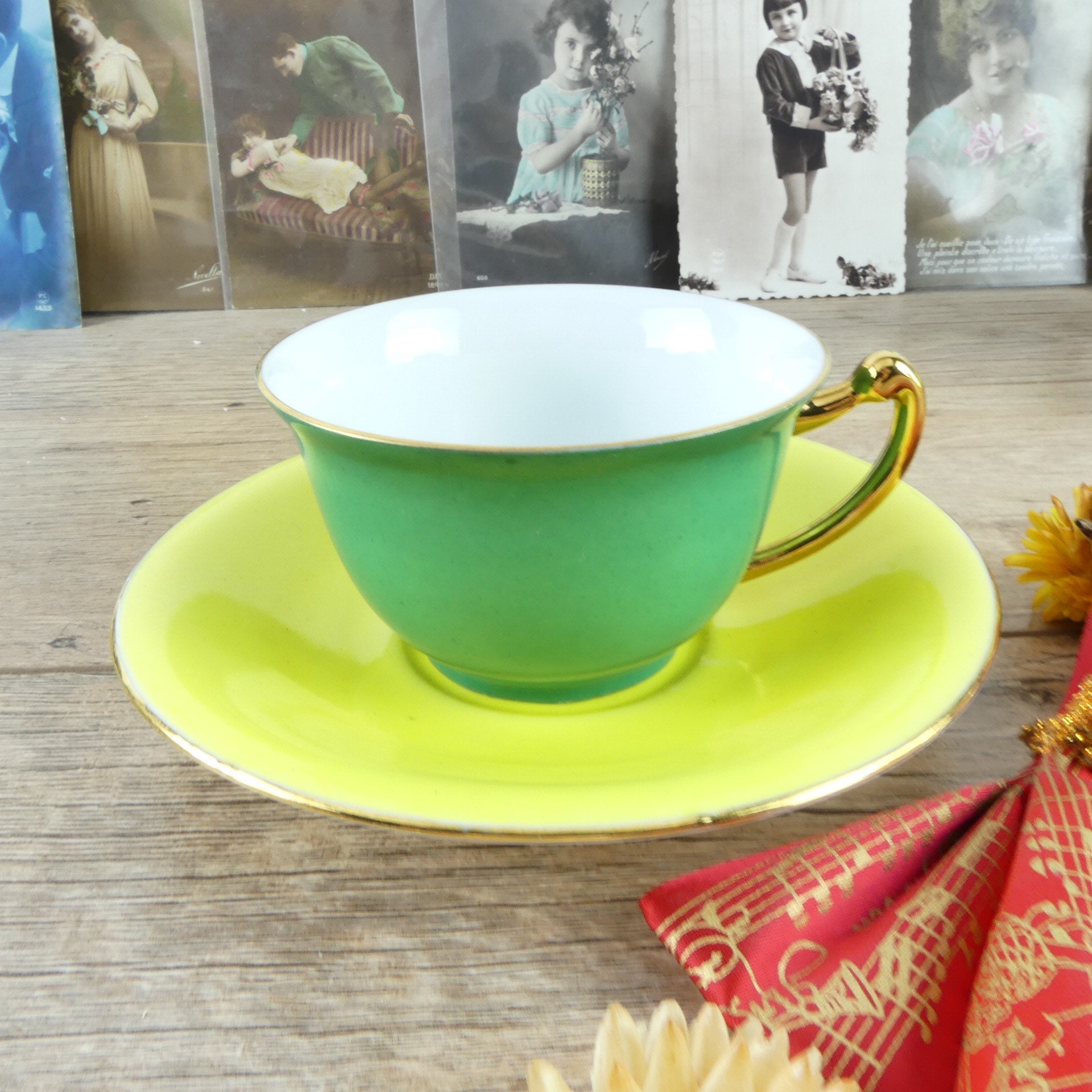 Colored Limoges cups, vintage cups and undercups, French cups