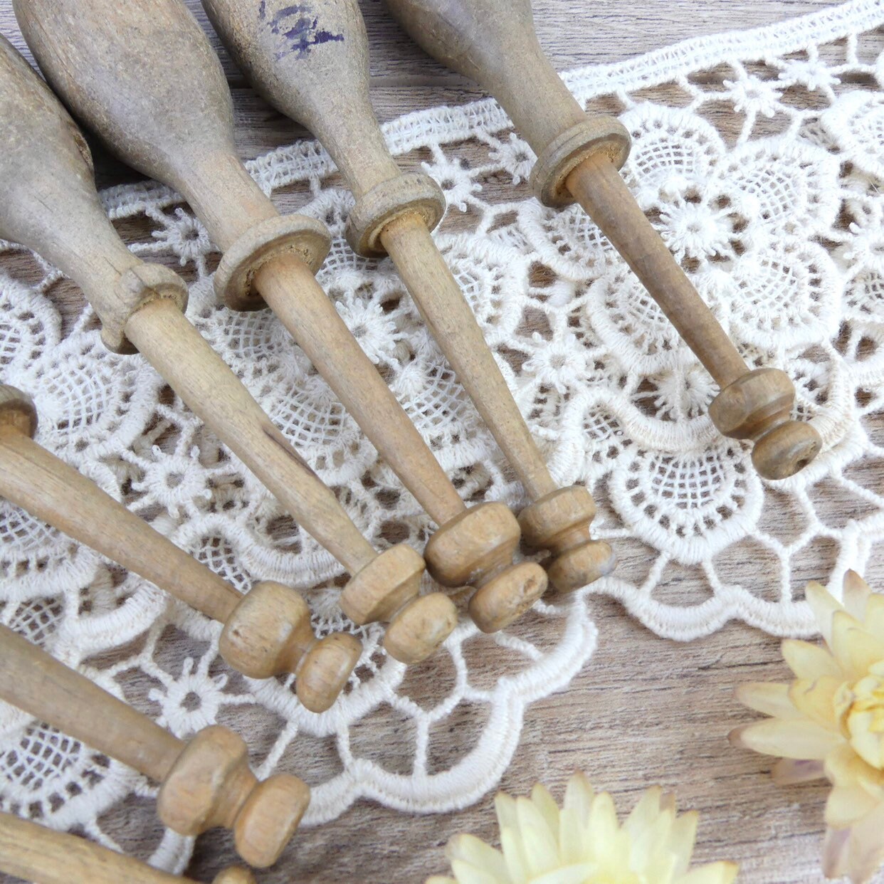 Wooden lace spindles, antique wood coils