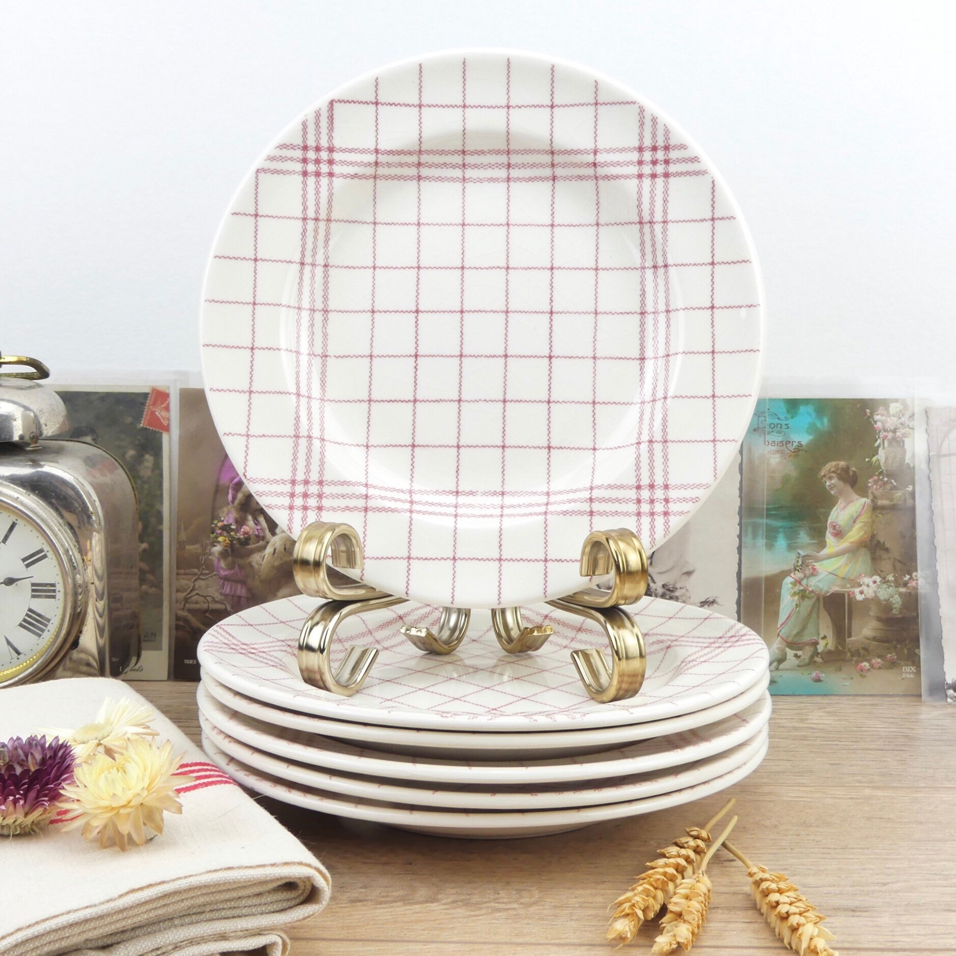 Vintage plates Gien wit red plaid in cottage style french for a country ...