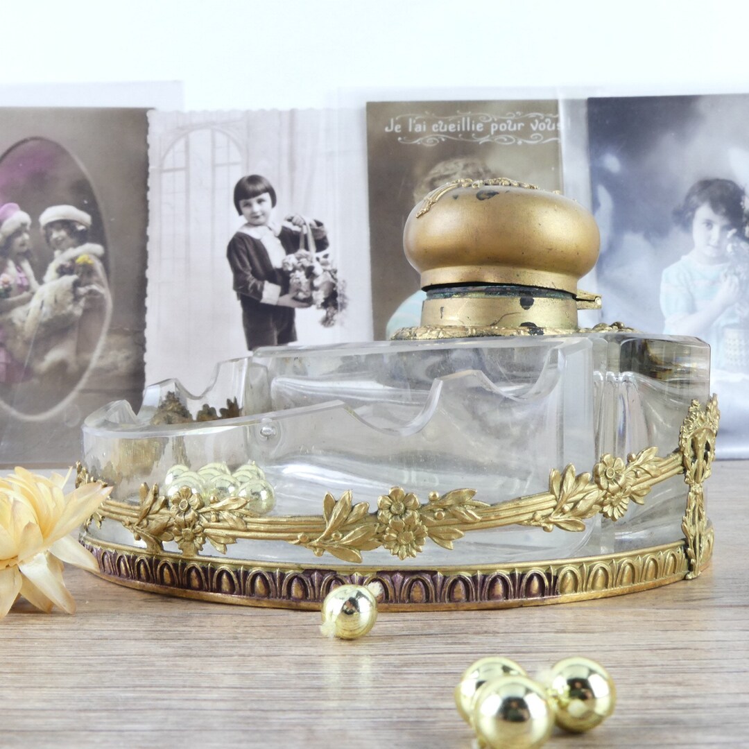 19th Century Office Inkwell in Glass and Gilded Brass, Music and Knot ...