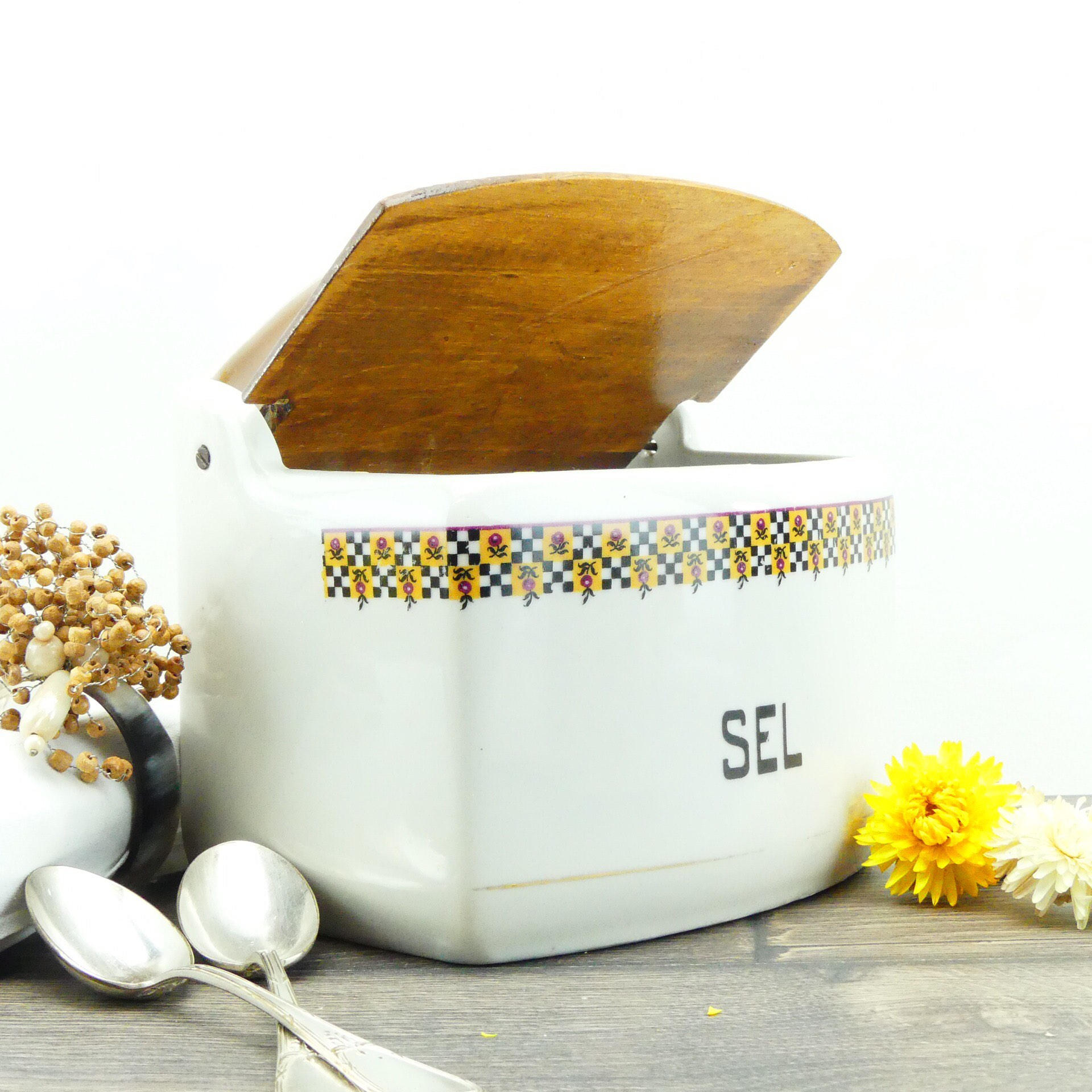 Vintage kitchen salt box, old french kitchen wall spice jar ...
