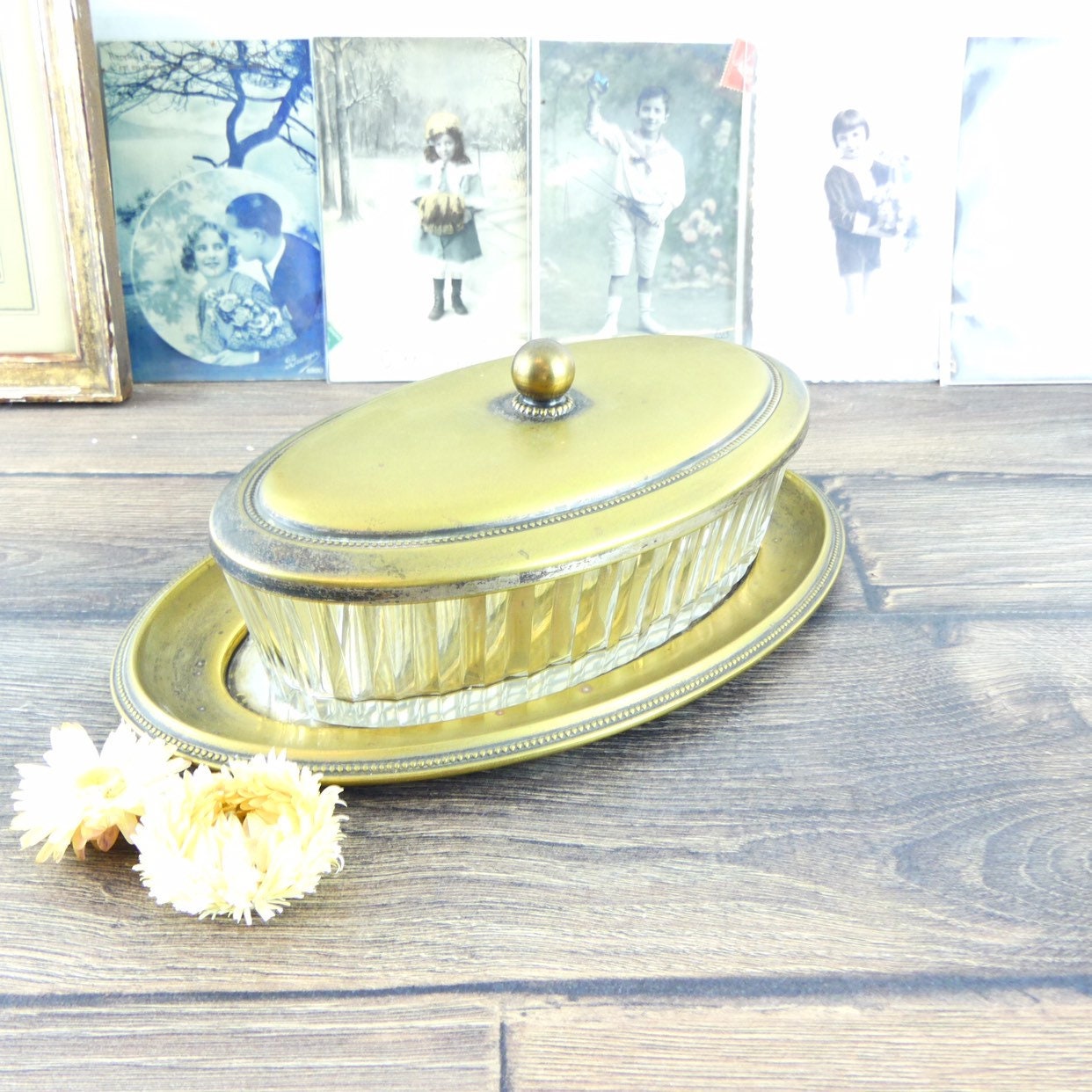 Old glass and metal butter, butter maker with lid, large vintage golden ...