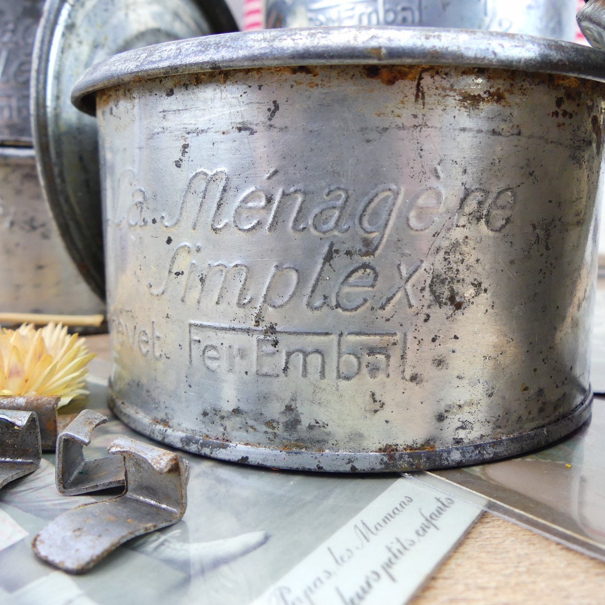 Set of 5 French zinc boxes from 1920, vintage kitchen metal boxes