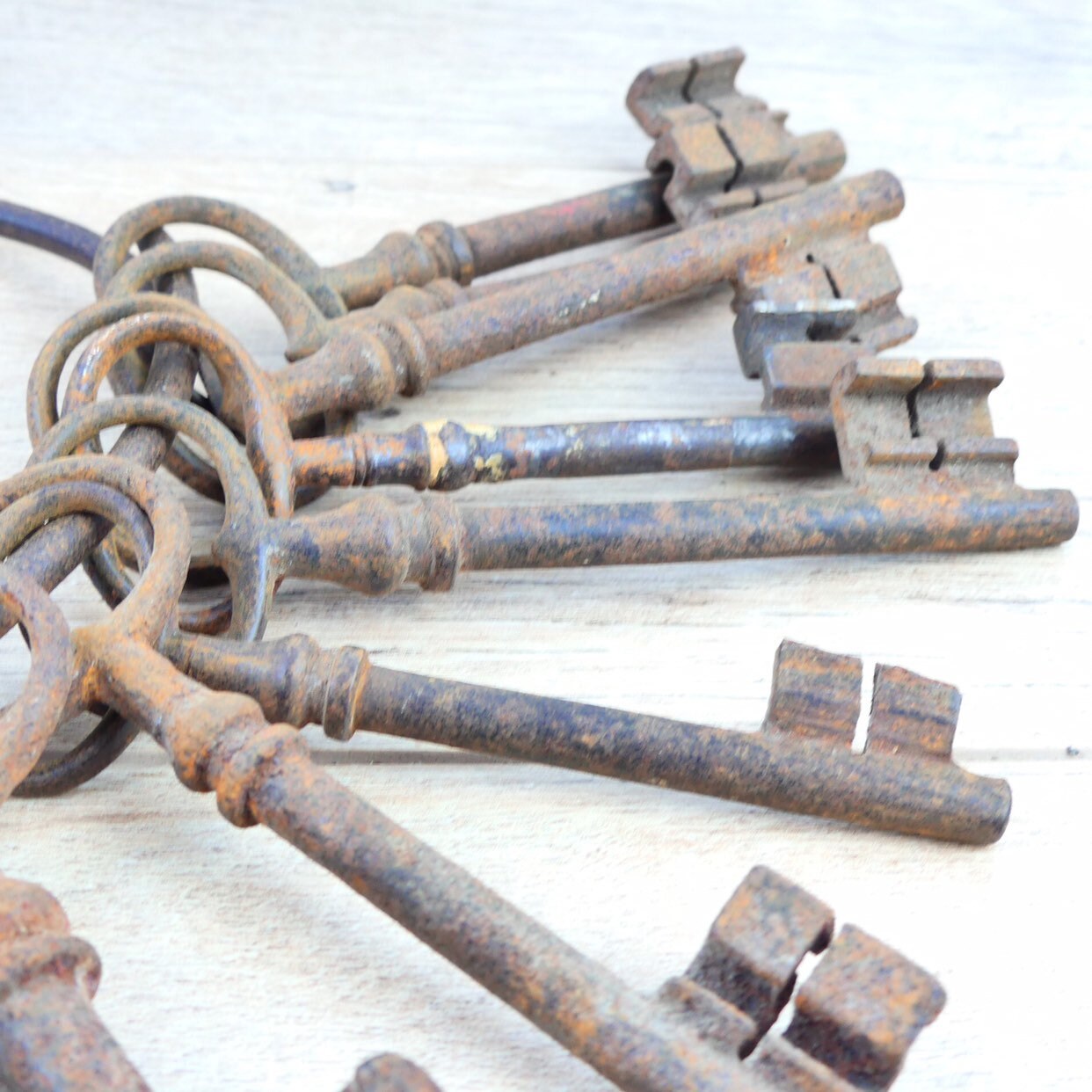 Old rusty keys, large rusty keychain, shabby chic keys