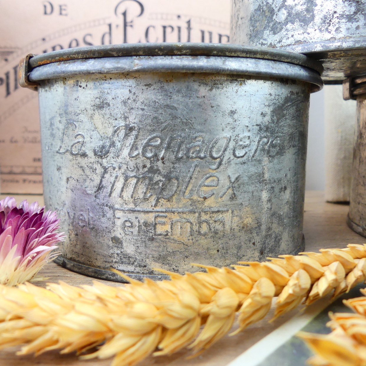 Set of 5 French zinc boxes from 1920, vintage kitchen metal boxes