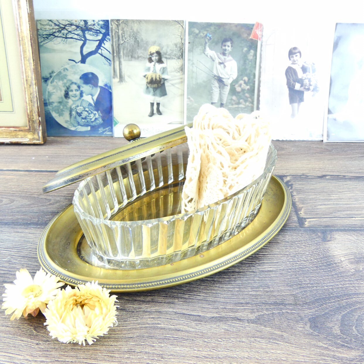 Old glass and metal butter, butter maker with lid, large vintage golden ...