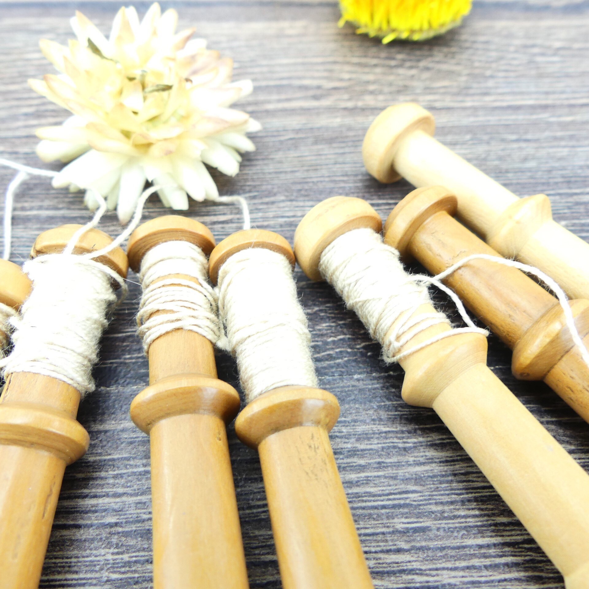 Ancient lace spindles, coils of old lace wood wire