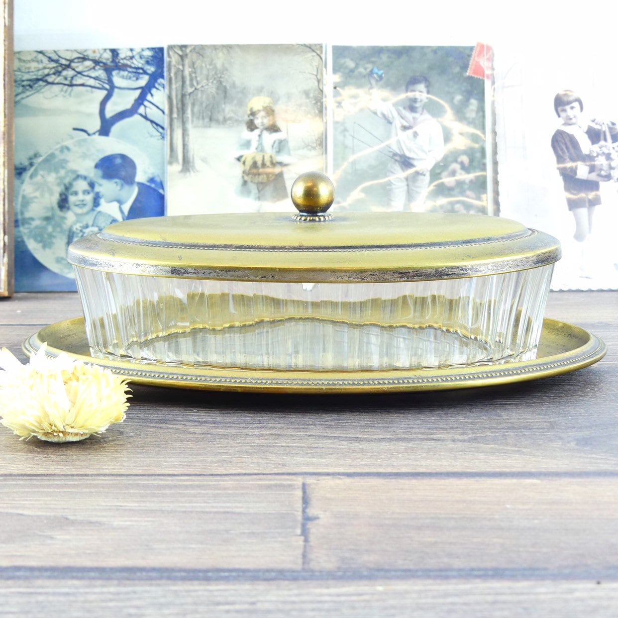 Old glass and metal butter, butter maker with lid, large vintage golden ...