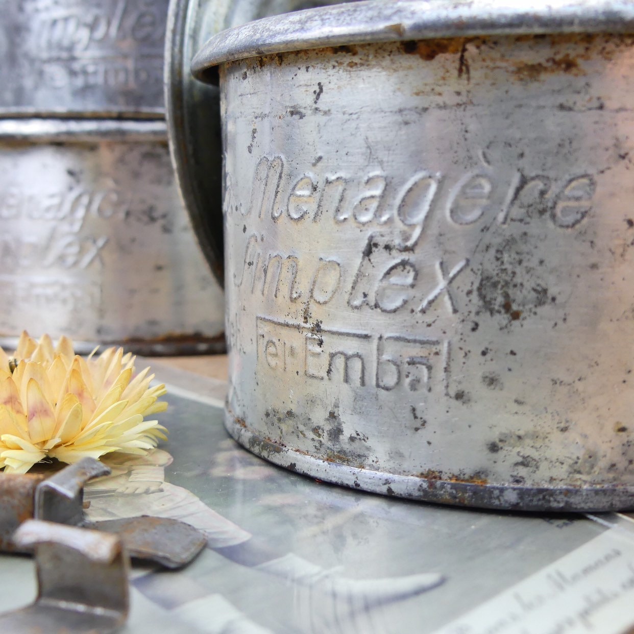 Set of 5 French zinc boxes from 1920, vintage kitchen metal boxes