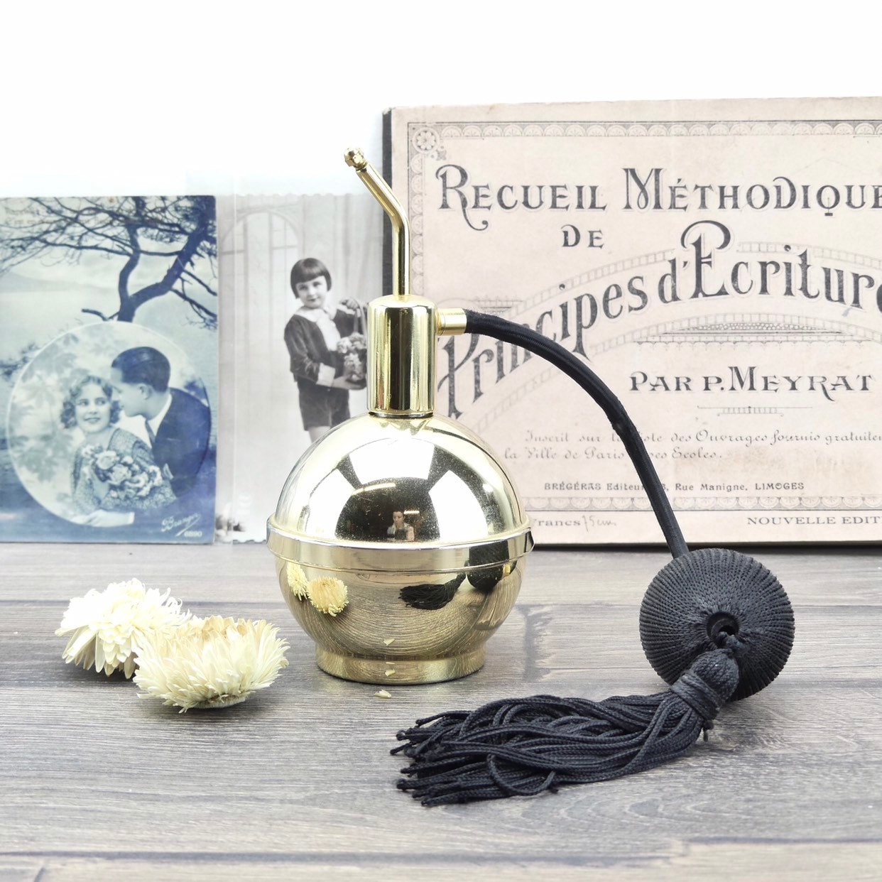 Vintage golden boudoir perfume bottle, gold perfume bottle, round bottle