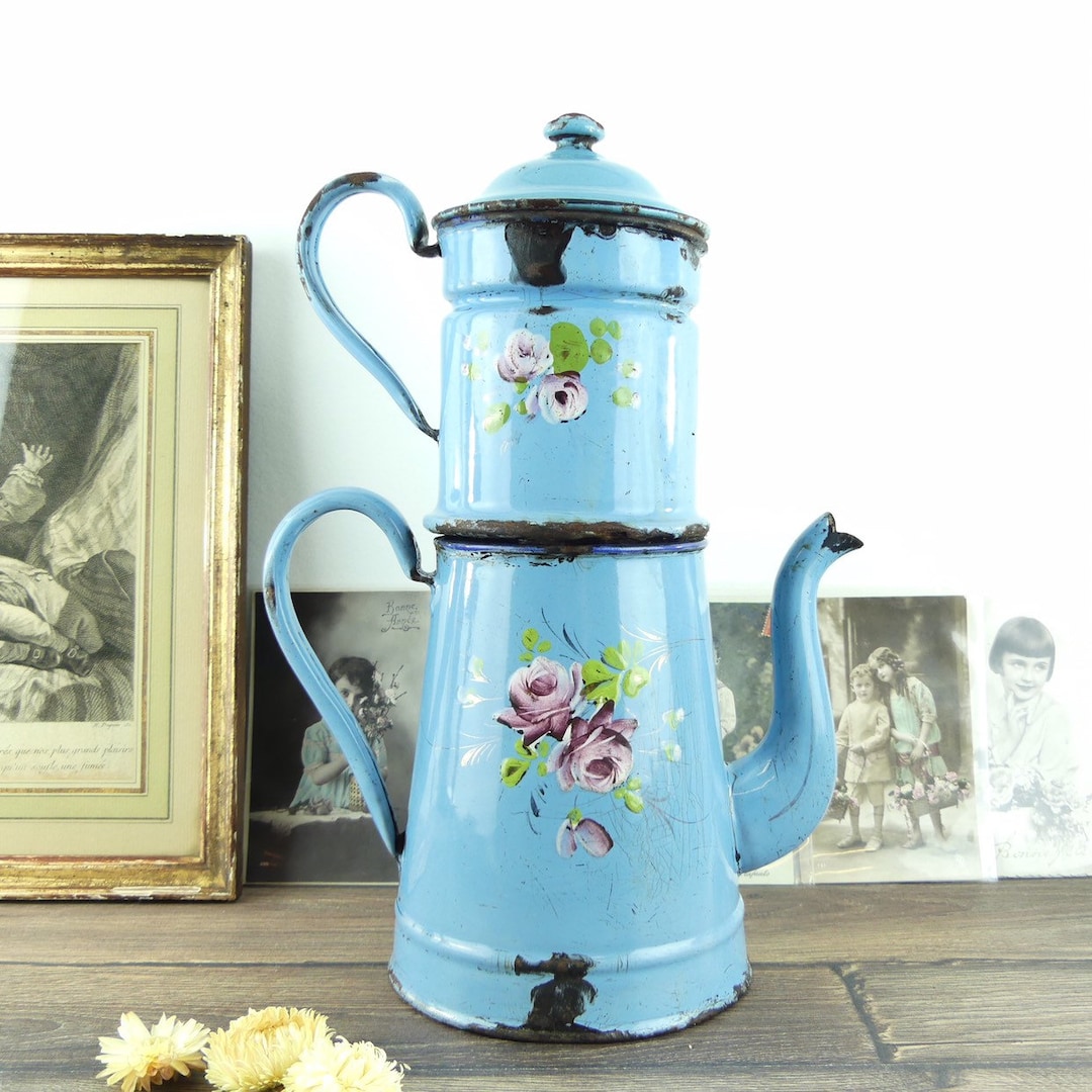 Blue Enamelled Coffee Maker, Large Double Decor Coffee Maker of Vintage ...