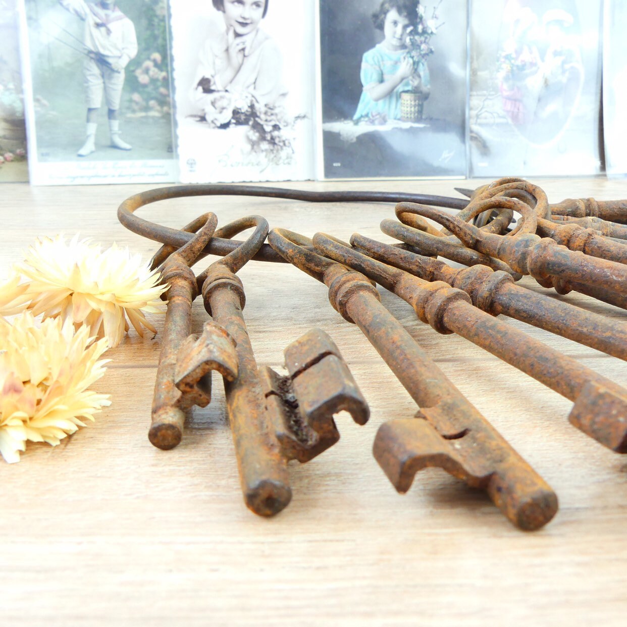 Old rusty keys, large rusty keychain, shabby chic keys