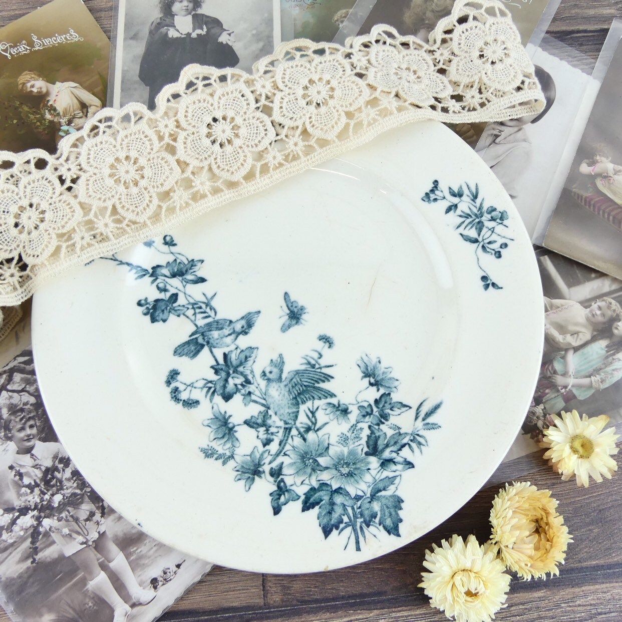 2 French plates shabby chic Longwy designs flowers and blue birds, old ...