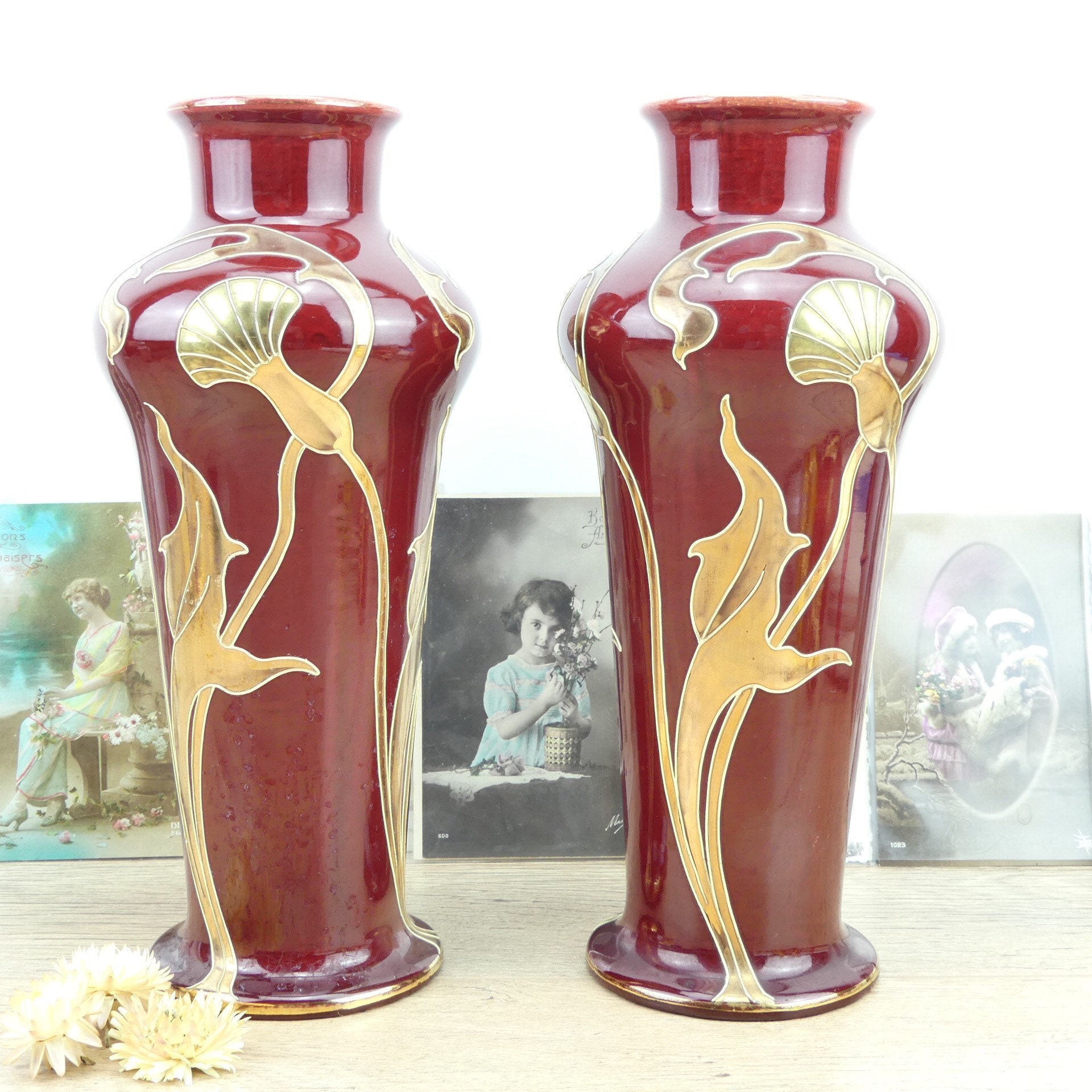 Red vases, vases Art nouveau red vases Sarreguemines french vintage ...