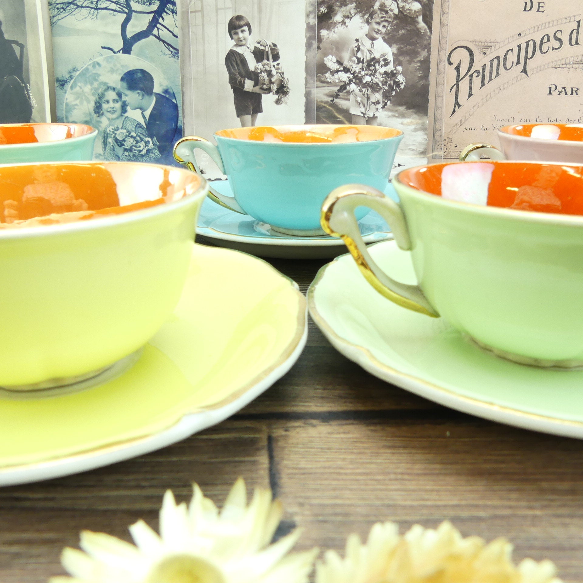 Colorful French coffee cups 1950 Trianon-old French mugs Shabby Chic ...