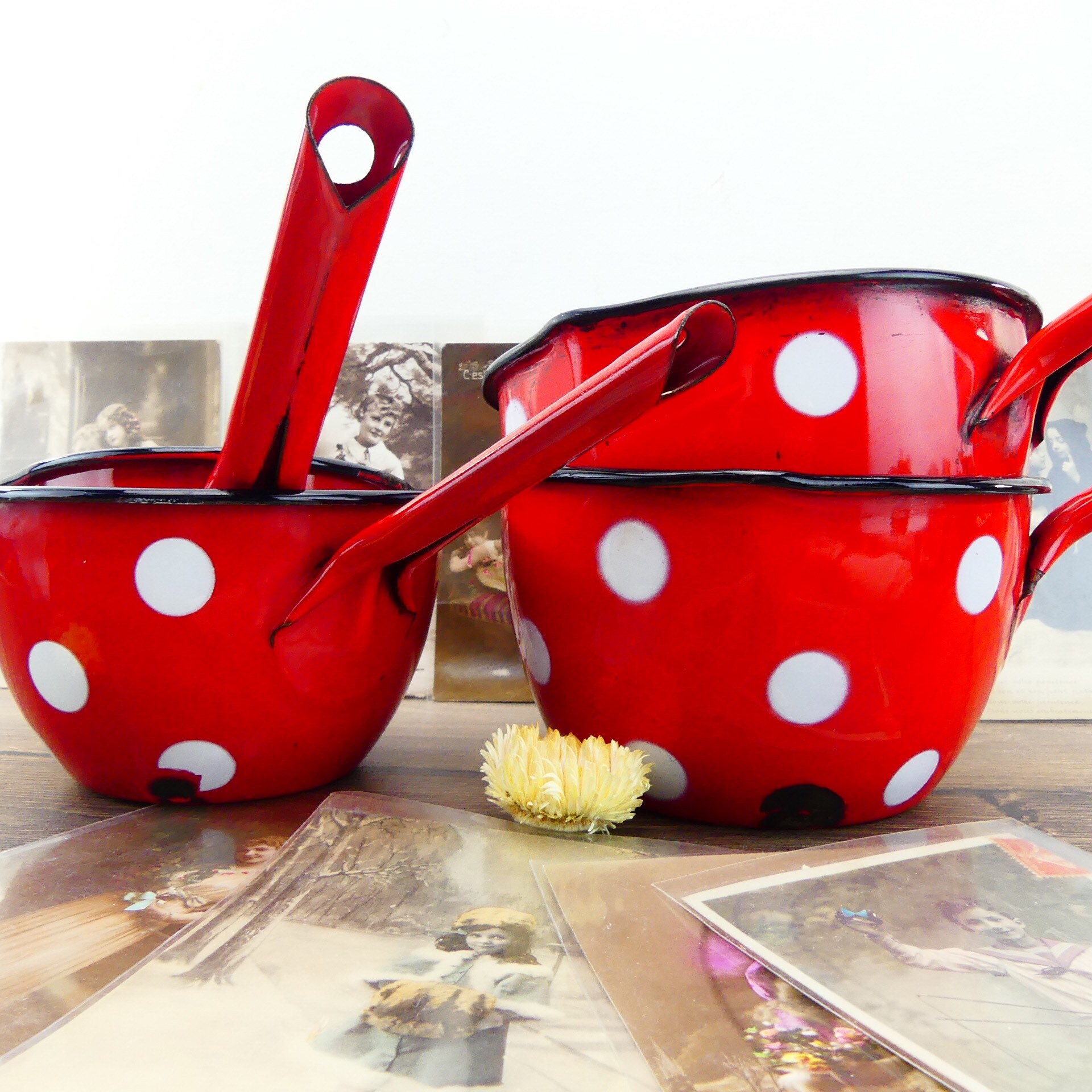 Enamelware - enamel pan - set of pans - decorated pots - red enamel ...