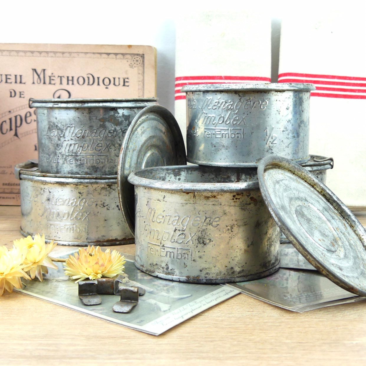 Set of 5 French zinc boxes from 1920, vintage kitchen metal boxes