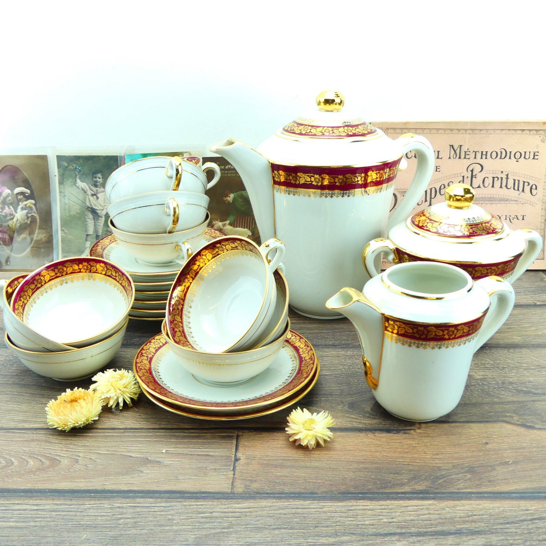 Red and gold Limoges porcelain coffee set 1950's, luxury French Limoges ...