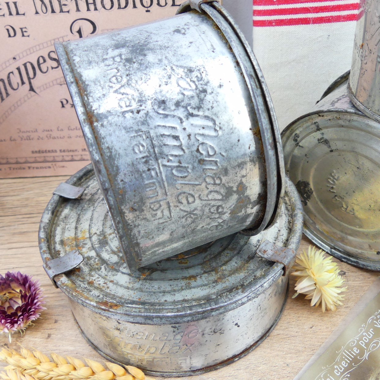 Set of 5 French zinc boxes from 1920, vintage kitchen metal boxes