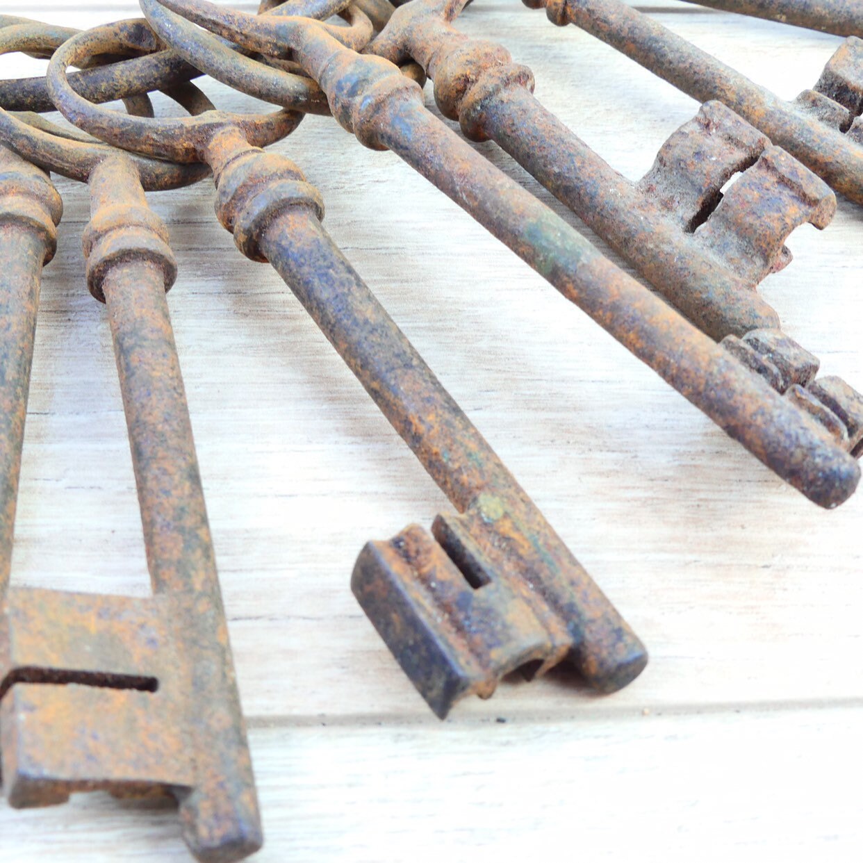Old rusty keys, large rusty keychain, shabby chic keys