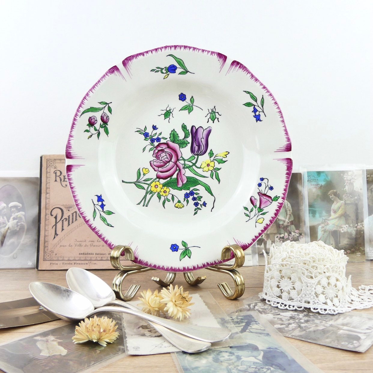 6 French hollow plates Gien Riquewihr flower decoration, vintage Gien ...