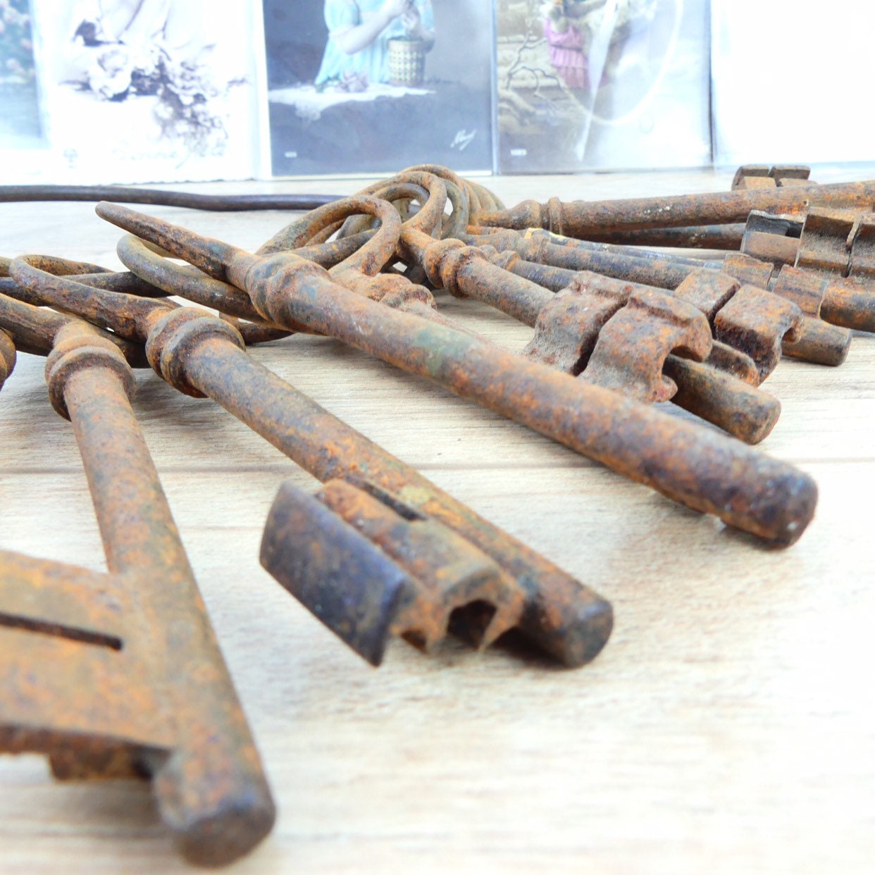 Old rusty keys, large rusty keychain, shabby chic keys