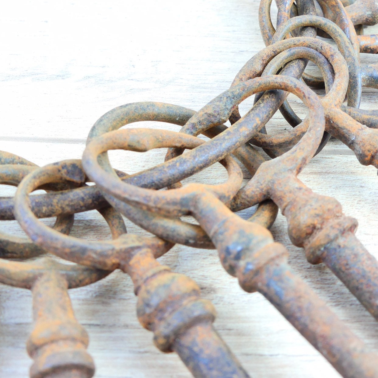 Old rusty keys, large rusty keychain, shabby chic keys